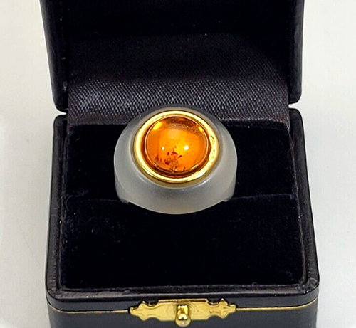 Chunky Clear Frosted Lucite 14K Bezel Set Amber Artisan Crafted Ring ...