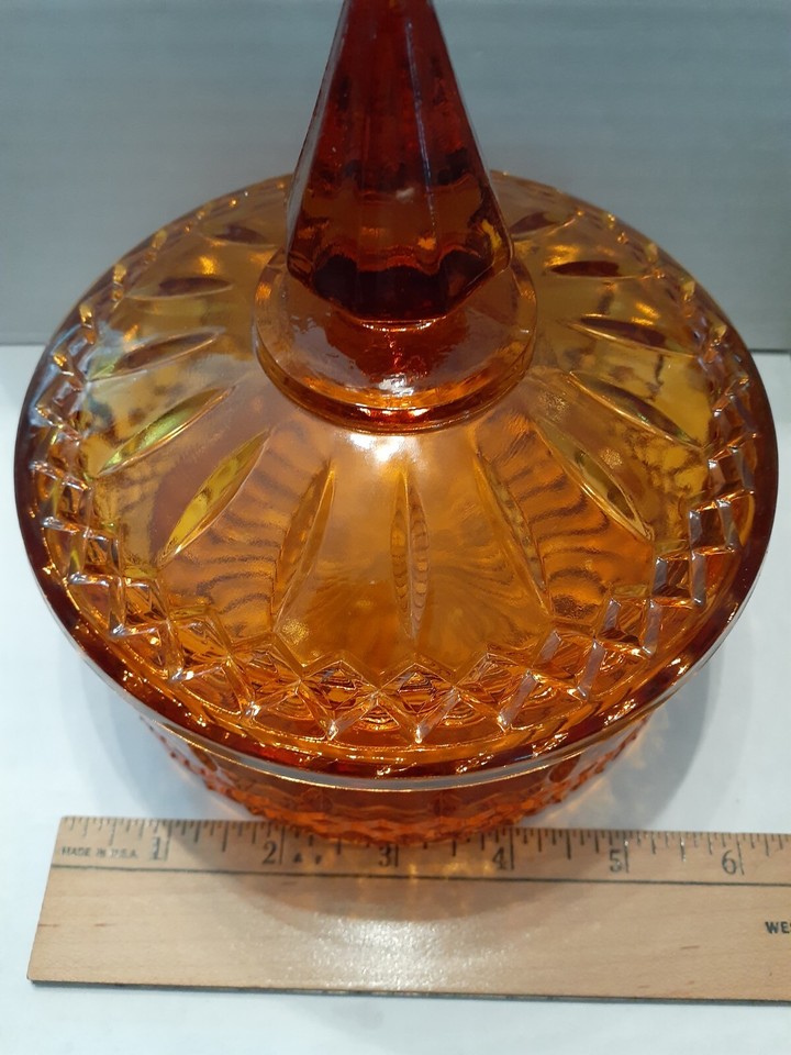 Vintage Amber Covered Candy Dish Powder Jar Indiana Glass Diamond Point ...