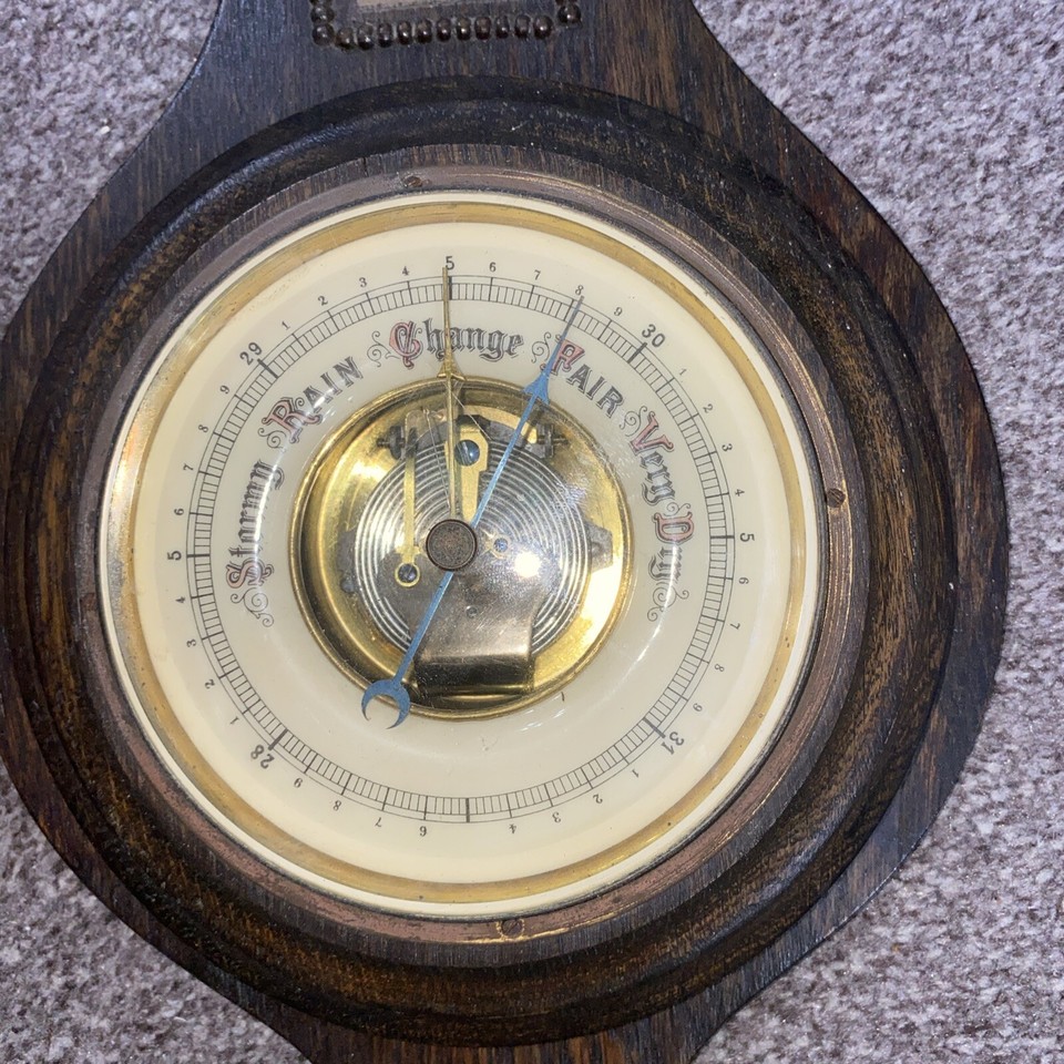 Aneroid Barometer with Thermometer Antique Large Ornate Wooden Backed ...