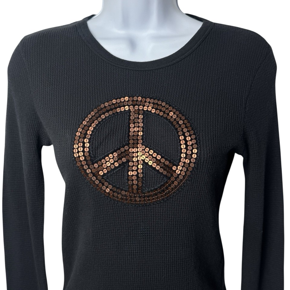 Y2K Lucky Brand Long Sleeve Sequin Peace Sign Thermal Top Bella Swan ...