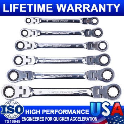 6 PCS Double Box End Ratcheting Wrench Flex-Head Extra Long Spanner Set ...