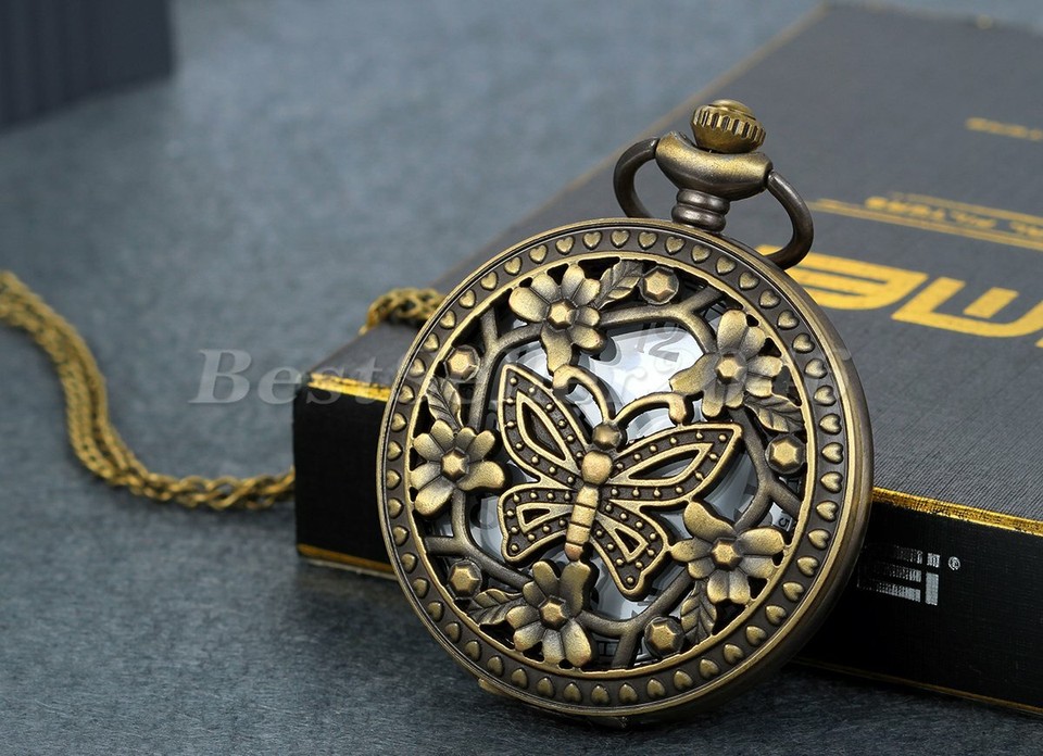 Vintage Hollow Butterfly Quartz Pocket Watch Necklace Pendant Chain ...