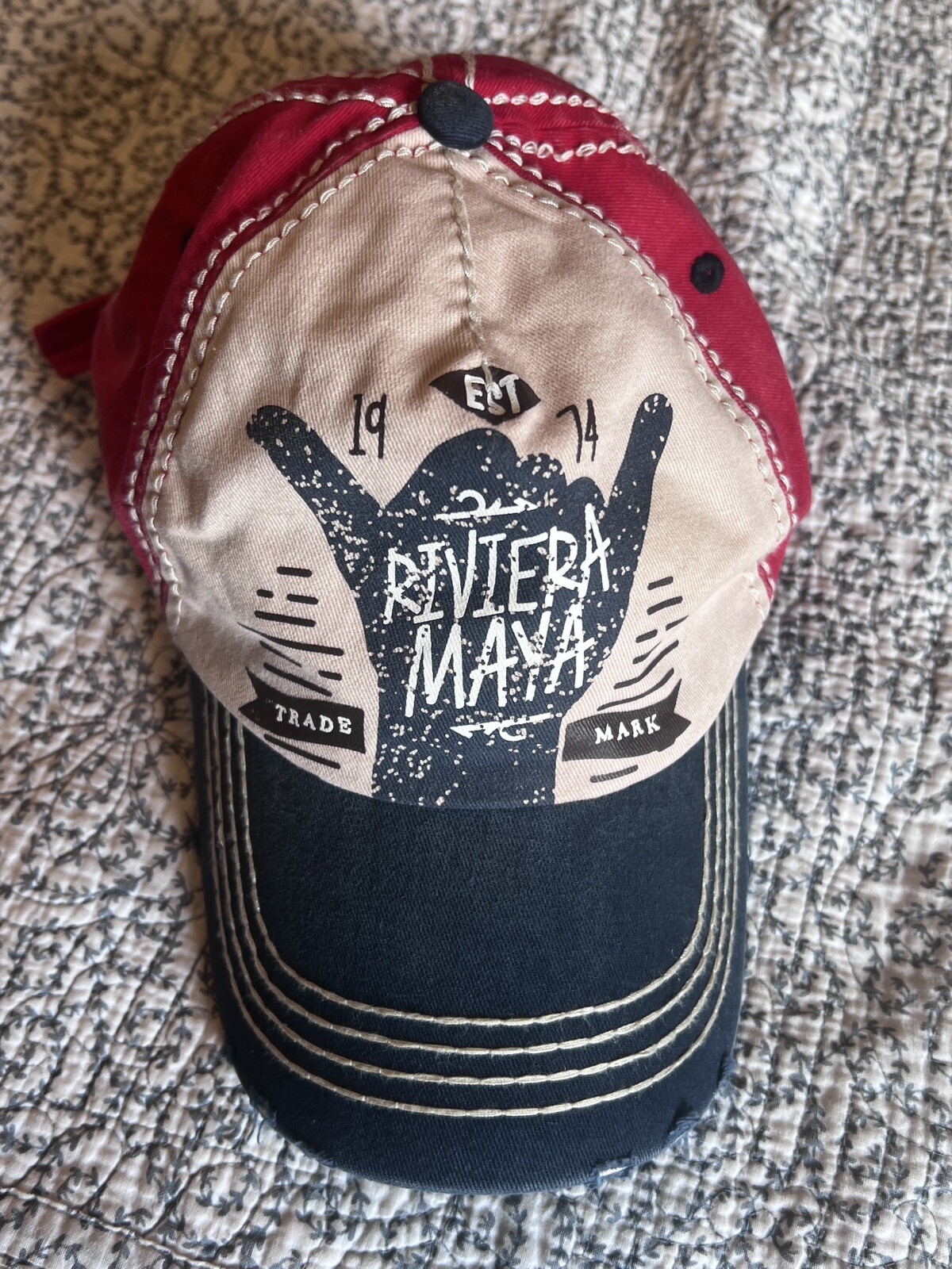 RIVIERA MAYA Embroidered CREAM BLUE White Stitch Pier… - Gem