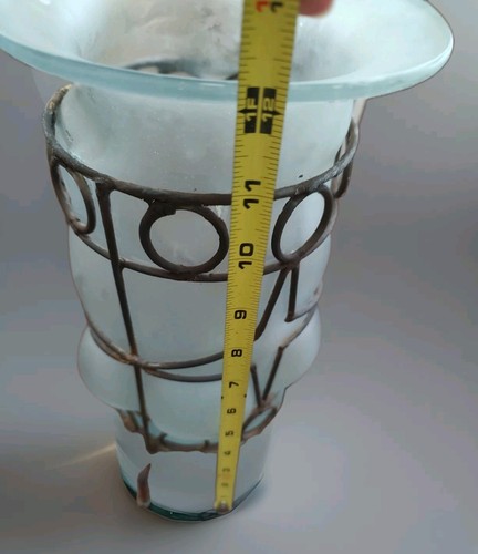 Vtg Blown Frosted Caged Glass Planter Flower Vase Pedestal Metal Wire ...