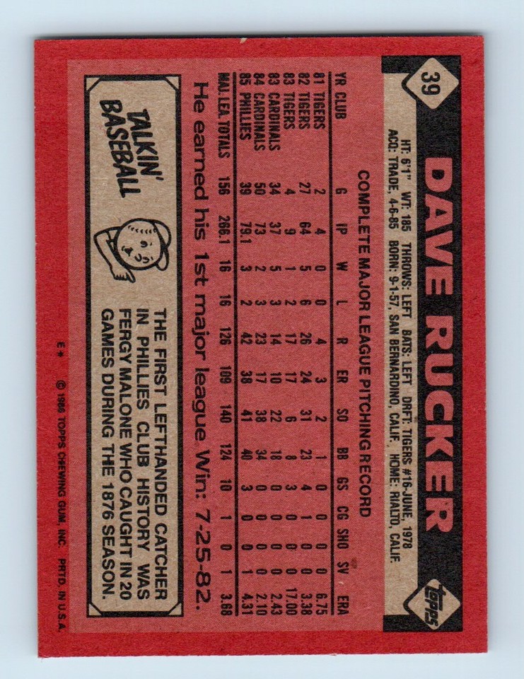 1986 Topps Dave Rucker Philadelphia Phillies #39 | eBay
