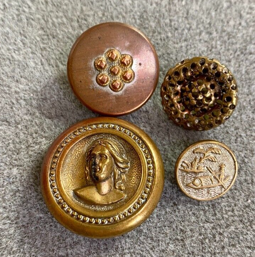 4 Antique Steel Cup Buttons Brass Copper Tropical Scene Woman Pierced ...