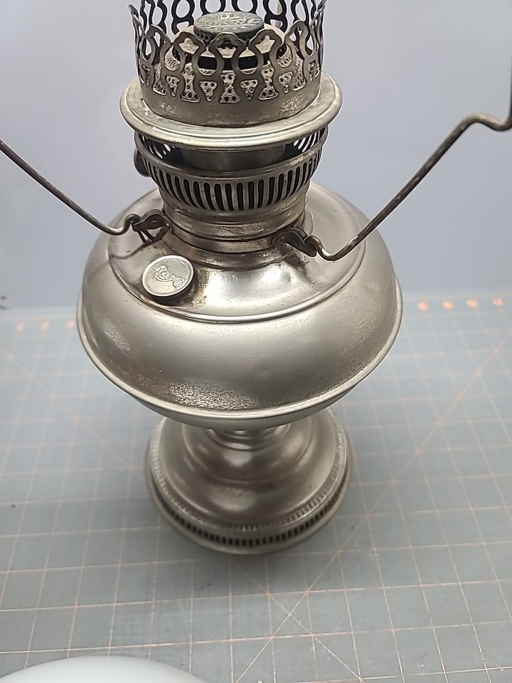 Rayo Oil Lamp Silver Tone Milk Glass Dome Shade Tall Chimney Tarnished ...