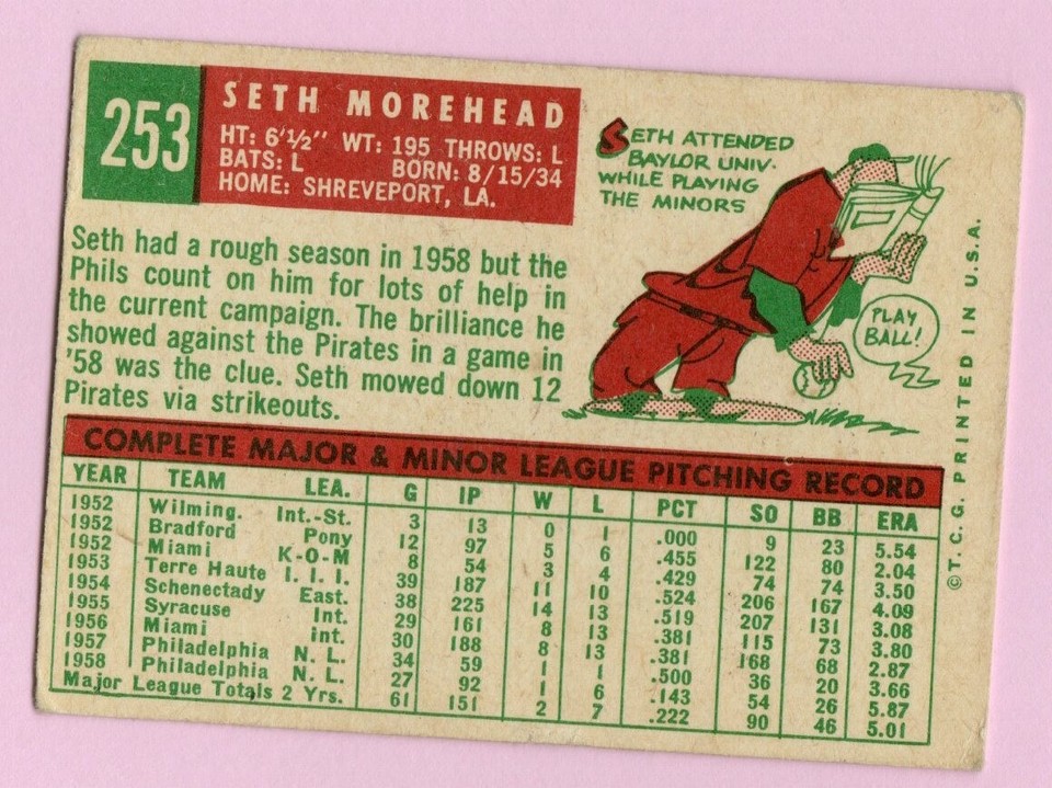 1959 Topps Seth Morehead #253 Philadelphia Phillies VG (CVG) | eBay
