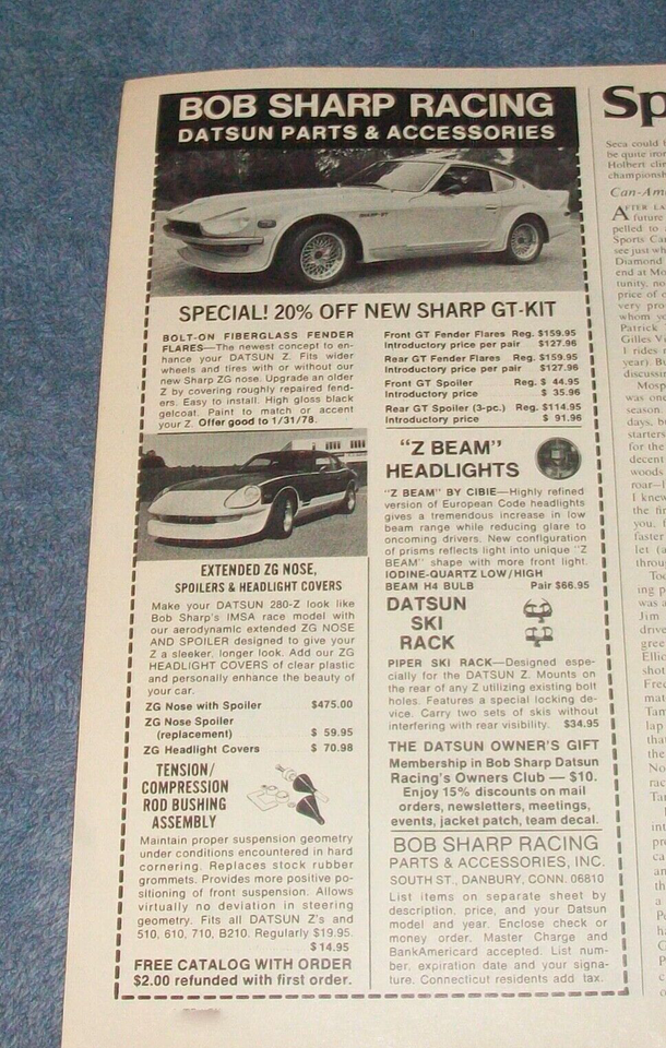 1977 Bob Sharp Racing Parts Datsun Z Vintage Ad GT Kits 280-ZG Nose | eBay
