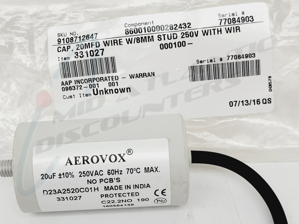 Aerovox Capacitor 20MFD Wire W/8MM Stud 250 RE/REU16 115V, VCD18K 115V ...