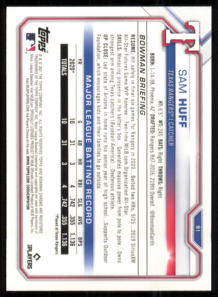 2021 Bowman Chrome #91 Sam Huff RC Texas Rangers | eBay