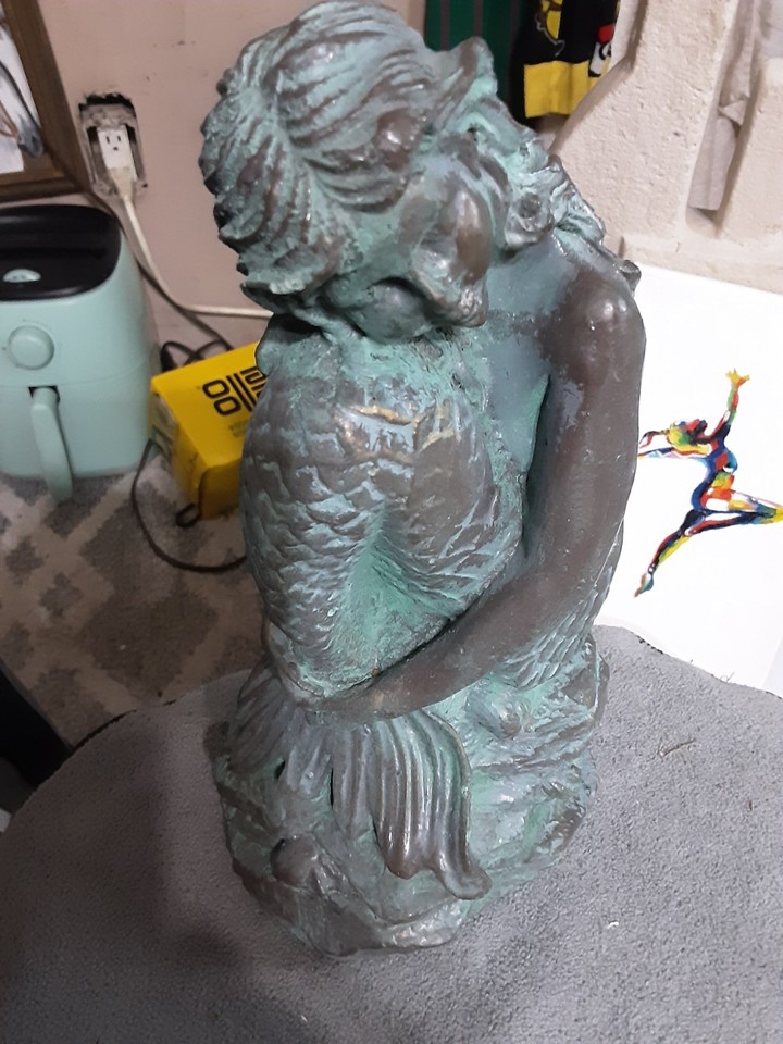 INCREDIBLE VINTAGE CEMENT SEATED MERMAID ART SCULPTURE BRONZE TONE W/VERDIGRIS | eBay