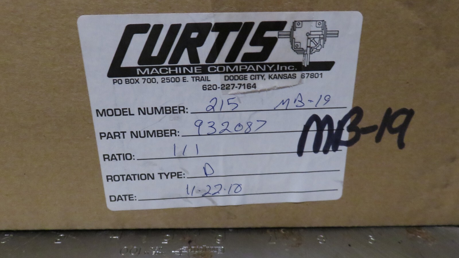 Curtis Machine Company 932087 -Rev 1 Gearbox 215 MB-19, 1:1, 1” Shaft ...