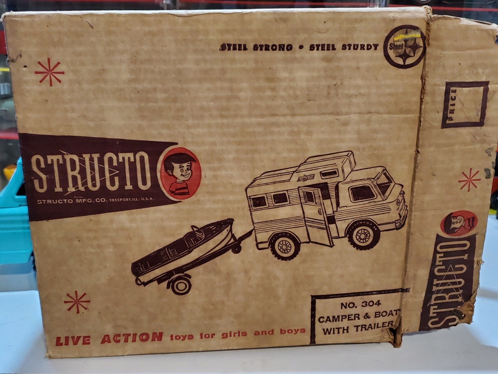 Vintage Structo Camper Truck & Boat w/ Trailer Pressed Steel Toy # 304 ...