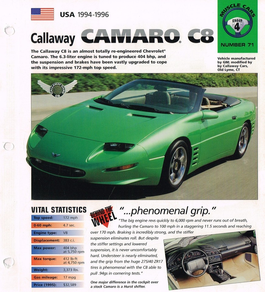 Chevy CALLAWAY CAMARO C8 / C-8 SPEC SHEET/Brochure:1994,1995,1996 | eBay
