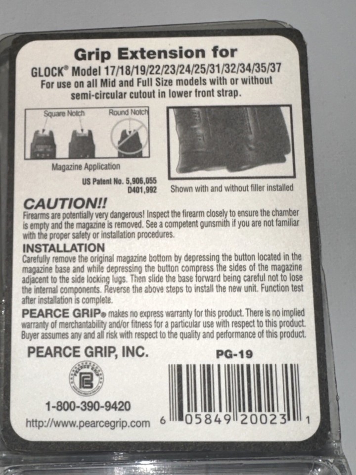 PEARCE GRIP GLOCK G19, G17 Grip Pinky Extension; 1 Pack; PG-19 ...