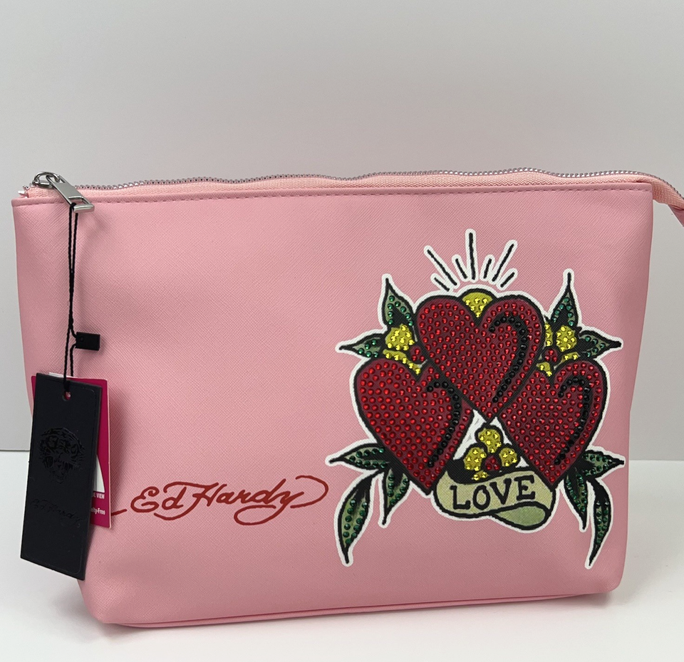 ED HARDY Makeup Bag PVC Toiletry Case Zip Rhinestone Heart Tattoo Love ...