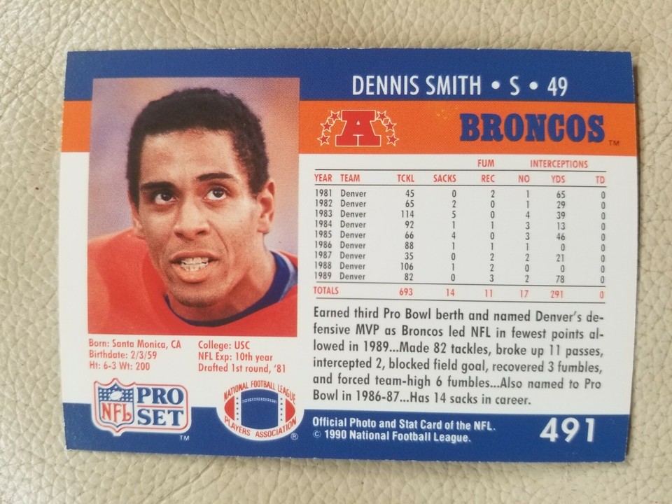 Dennis Smith Denver Broncos Safety Pro Set 1990 Card #491 | eBay