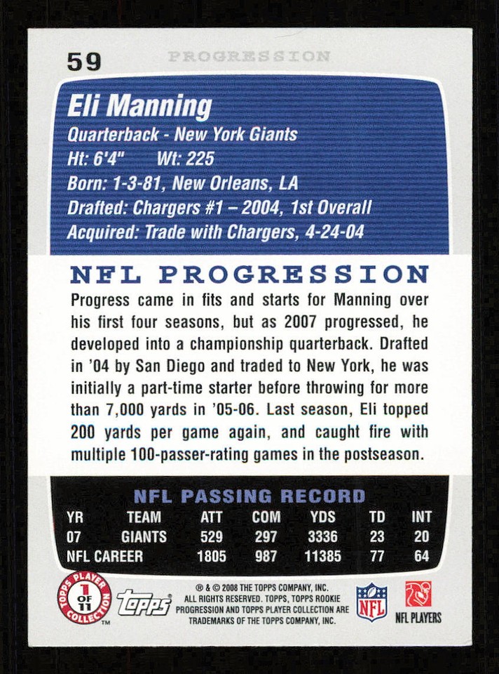 Eli Manning 2008 Topps Rookie Progression #59 New York Giants | eBay