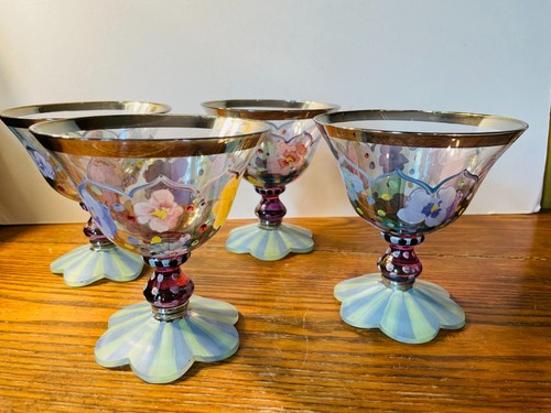 4 VINTAGE MACKENZIE CHILDS PANSY SILVER RIMMED CHAMPAGNE/SHERBET ...