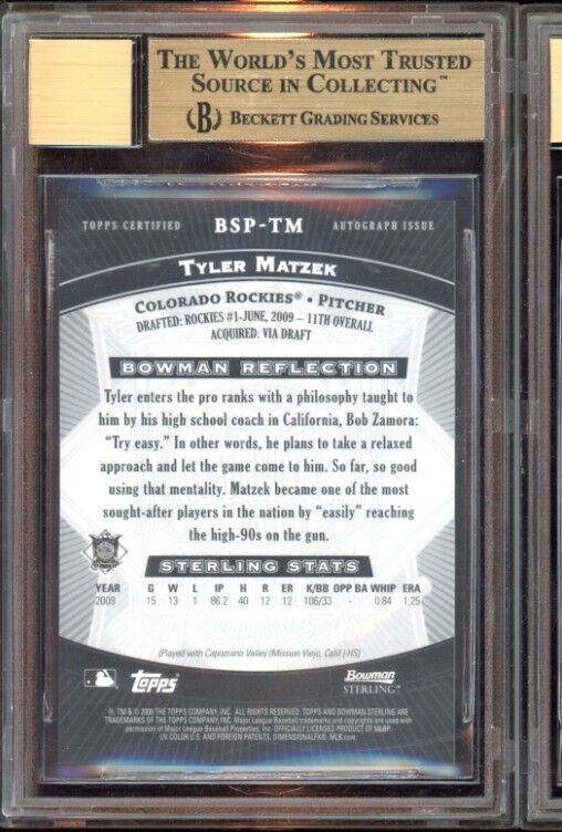2009 BOWMAN STERLING TYLER MATZEK #TM BGS 9.5 10 AUTO GEM MINT .5 AWAY ...