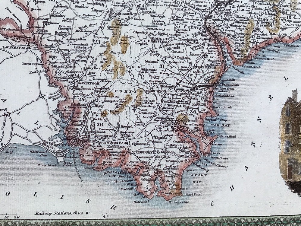 Old Antique Victorian map of Devon, England: c1830's: Moule: 9” x 12 ...
