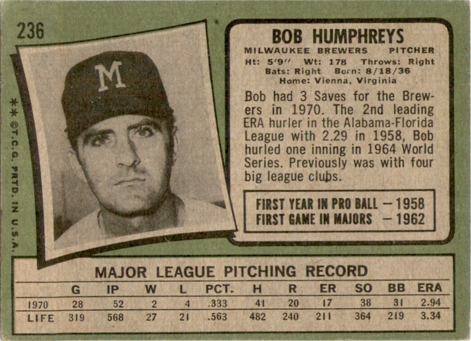1971 TOPPS BOB HUMPHREYS MILWAUKEE BREWERS #236 EX | eBay