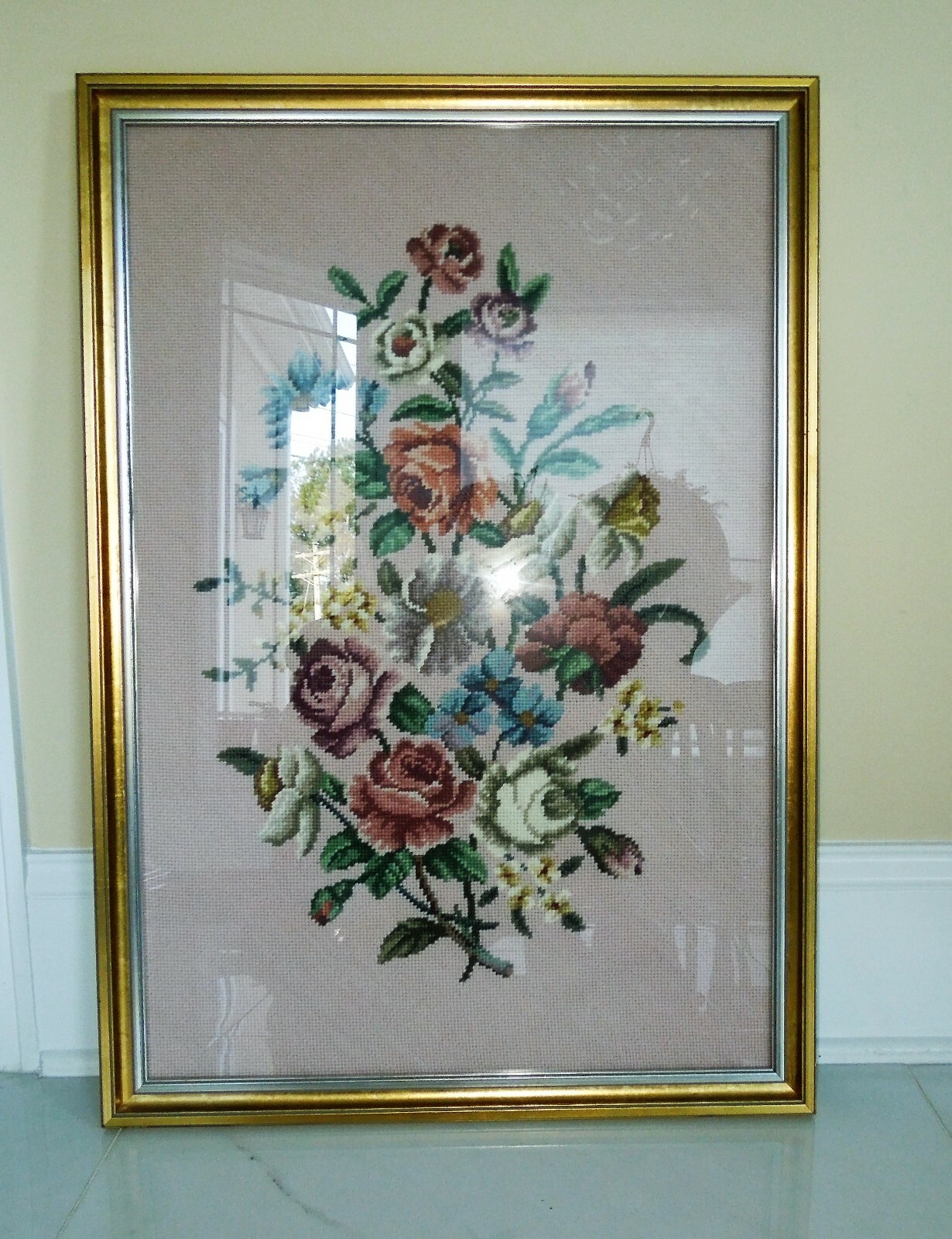 BEAUTIFUL Vintage FLORAL ART Framed Needlepoint Picture 29 3/4" x 20 1/ ...