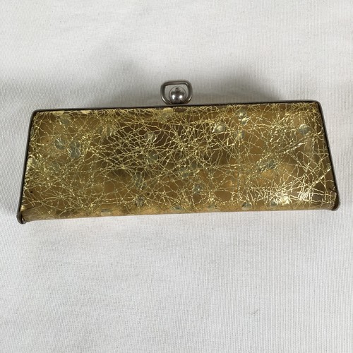 Vtg MCM Mini Clutch Purse Gold Lame Plastic Metal Trim Ball Kiss Lock ...