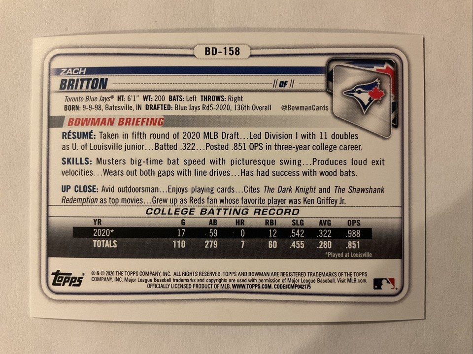 2020 Bowman Draft Blue ZACH BRITTON 1st Bowman Toronto BLUE JAYS #BD ...