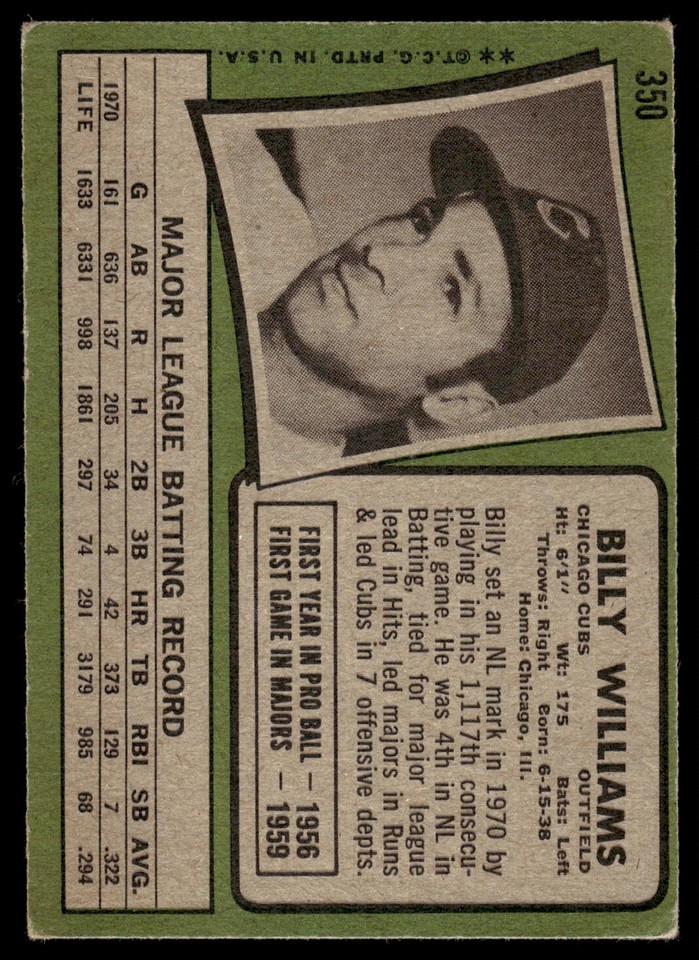 1971 Topps Billy Williams Chicago Cubs #350 dp72 | eBay