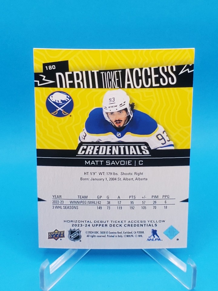 Matt Savoie 2023-24 UD Credentials #180 Debut Ticket Access ...