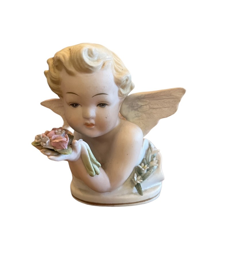 Vintage Lefton China Angel Cherub Figurine Holding Flowers Hand Painted ...