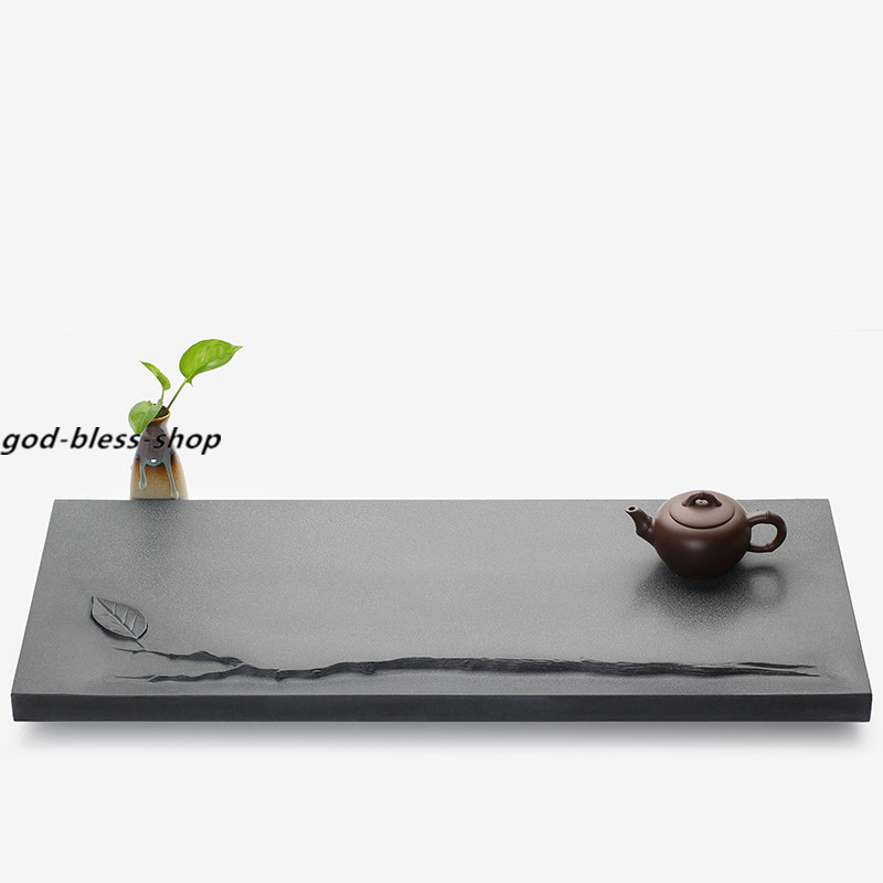 Handmade Carved Leaf Relief Black Stone Tea Tray Water Draining Tea ...