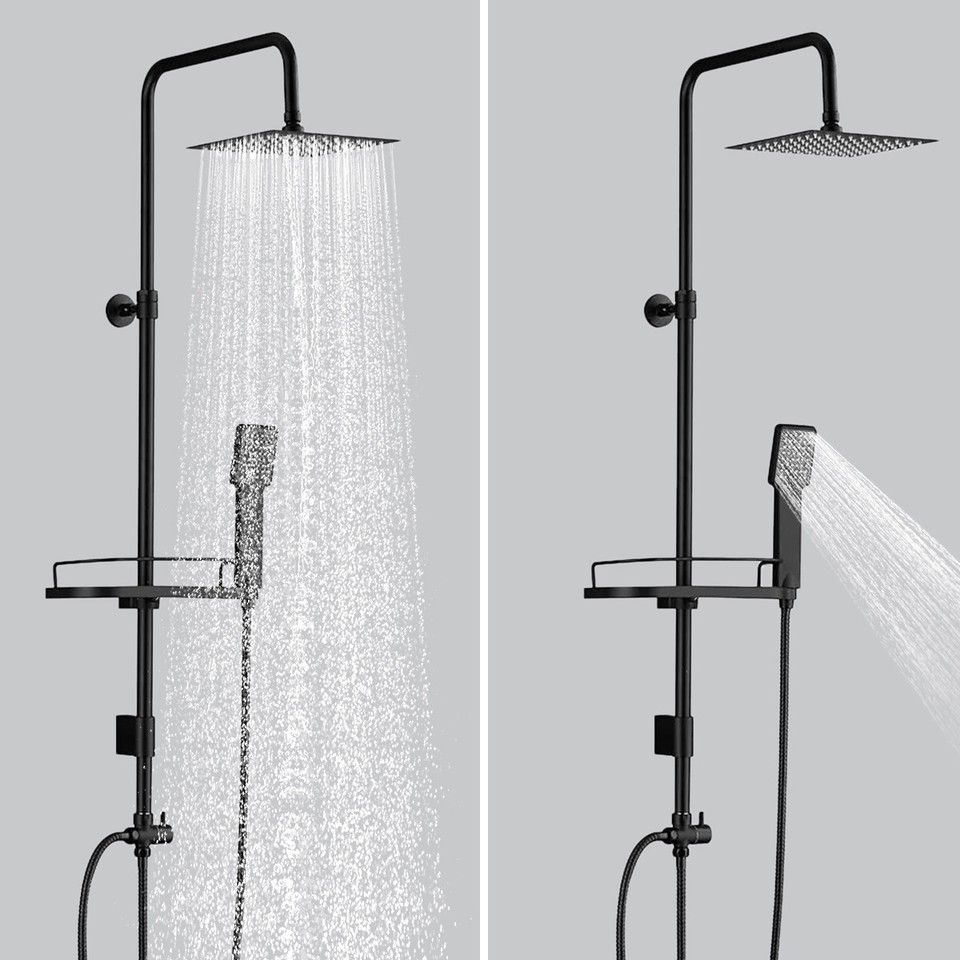 Black Square Shower Kit Twin Head Mixer Rail Hose Riser Waterfall ...