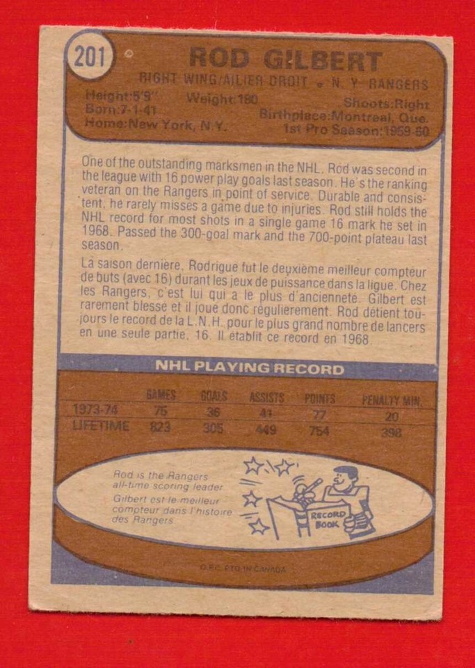 1974-75-opc o-pee-che rod gilbert #201 | eBay