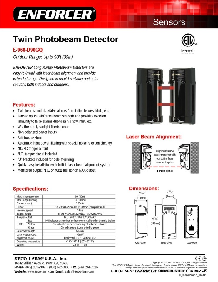 Seco-Larm E-960-D90GQ Twin Photobeam Detector with Laser Beam Alignment ...