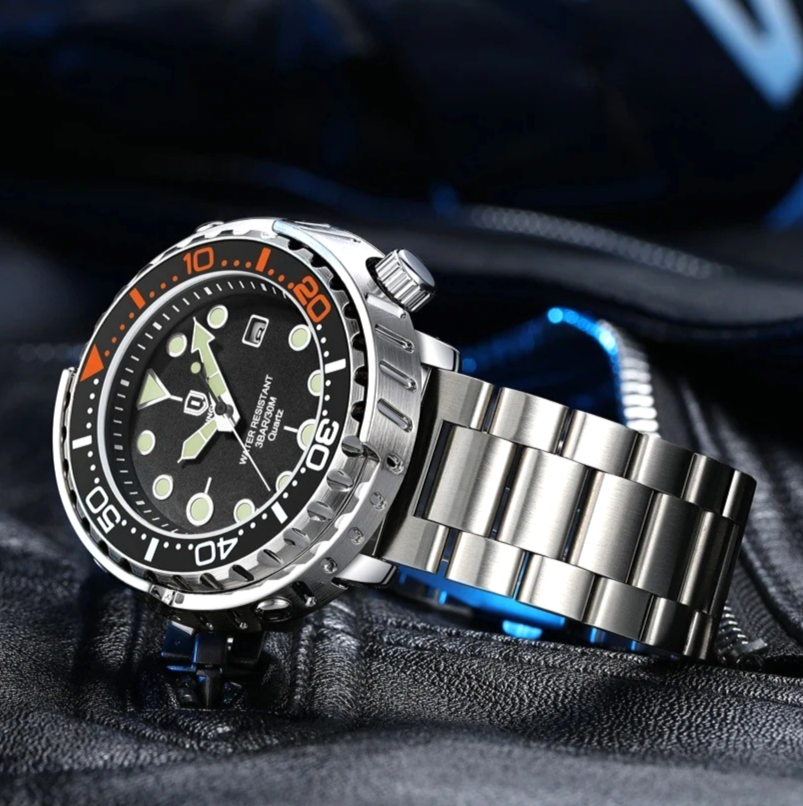 44MM QINGXIYA Tuna Quartz Mens Watch Stainless Steel 30M Waterproof ...