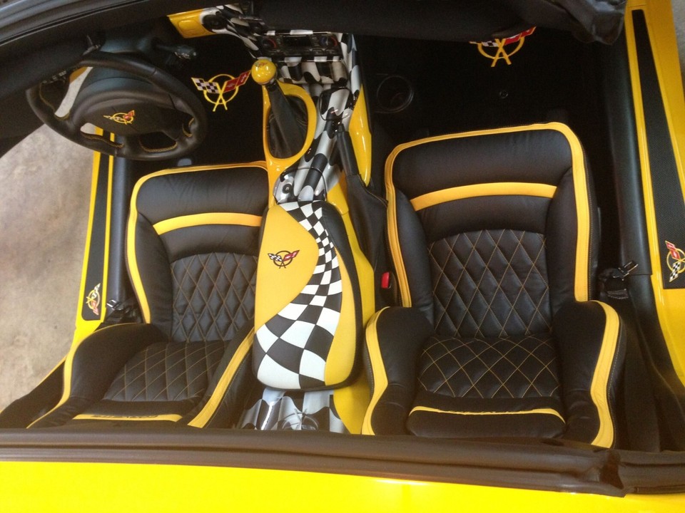 Chevy C5 Synthetic Leather Sports Seat Covers Black & Yellow Diamond ...