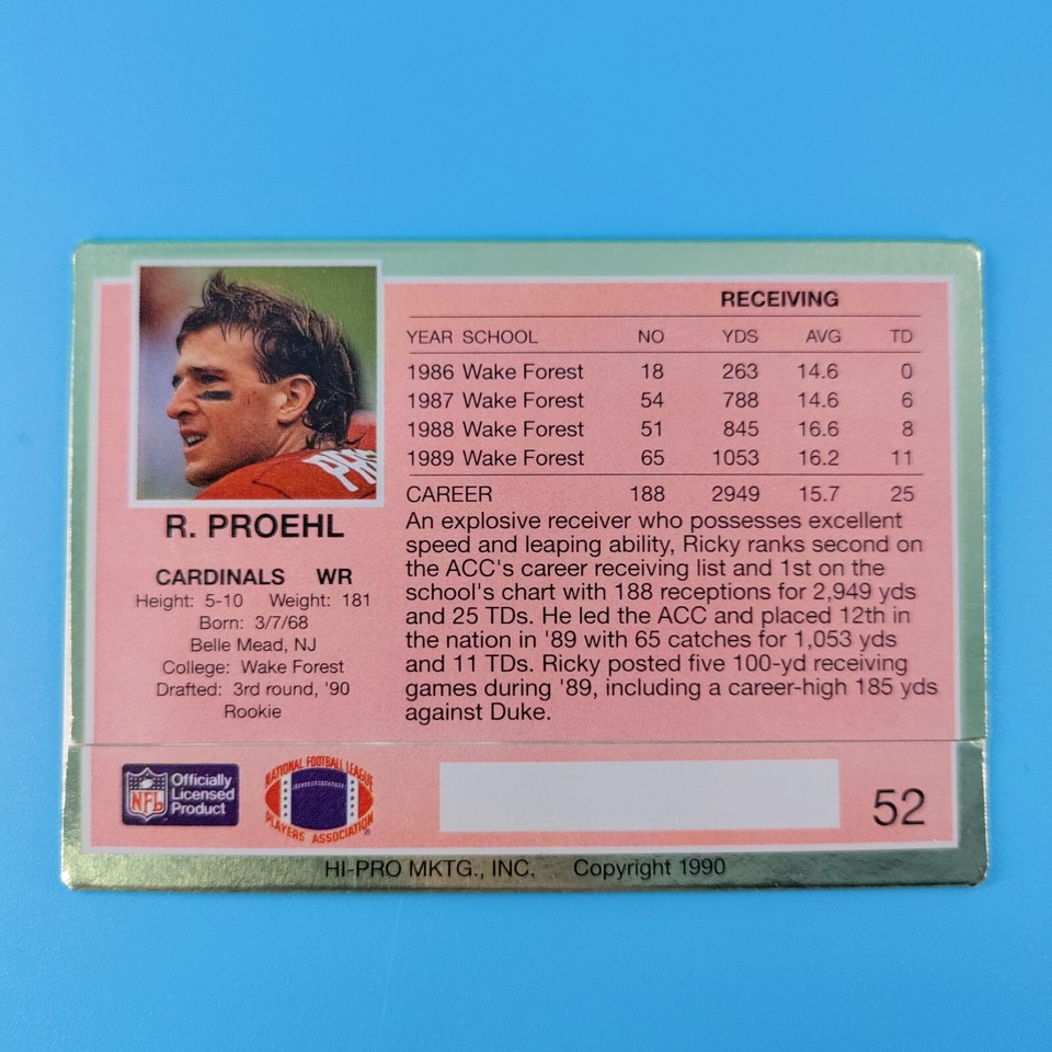 1990 Action Packed Football Card #52 Ricky Proehl Cardinals ROOKIE ...