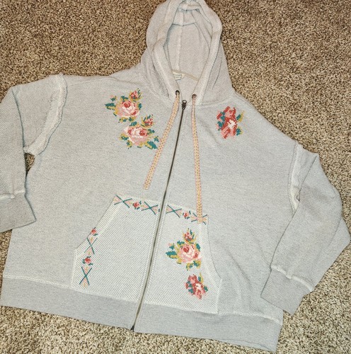 Sundance Annabeth Zip Hoodie Embroidered Floral Gray Cross Stitch ...