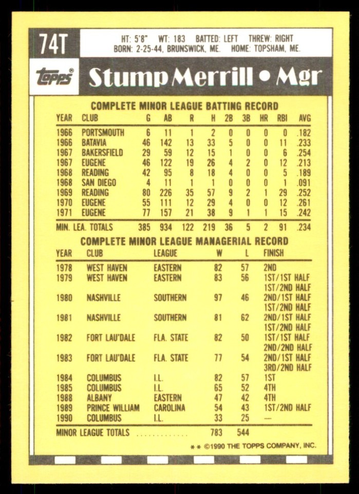 1990 Topps Traded Stump Merrill Baseball Cards #74T | eBay