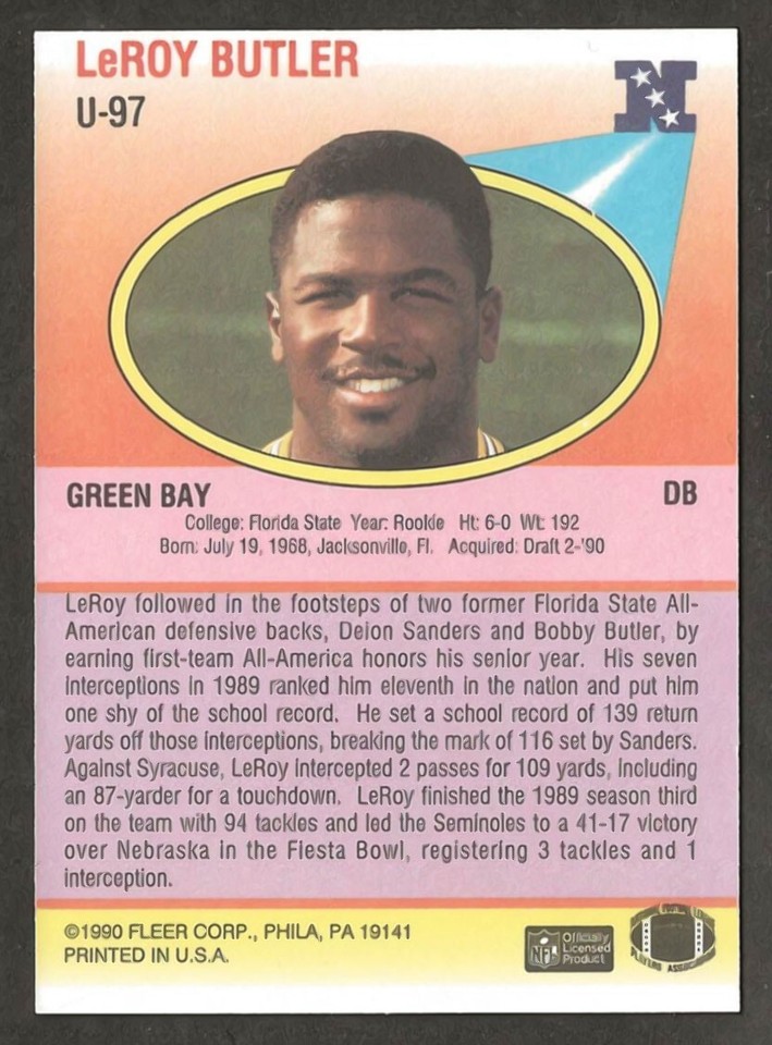 1990 Fleer Update #97 LeROY BUTLER Green Bay Packers ROOKIE - Hall of ...