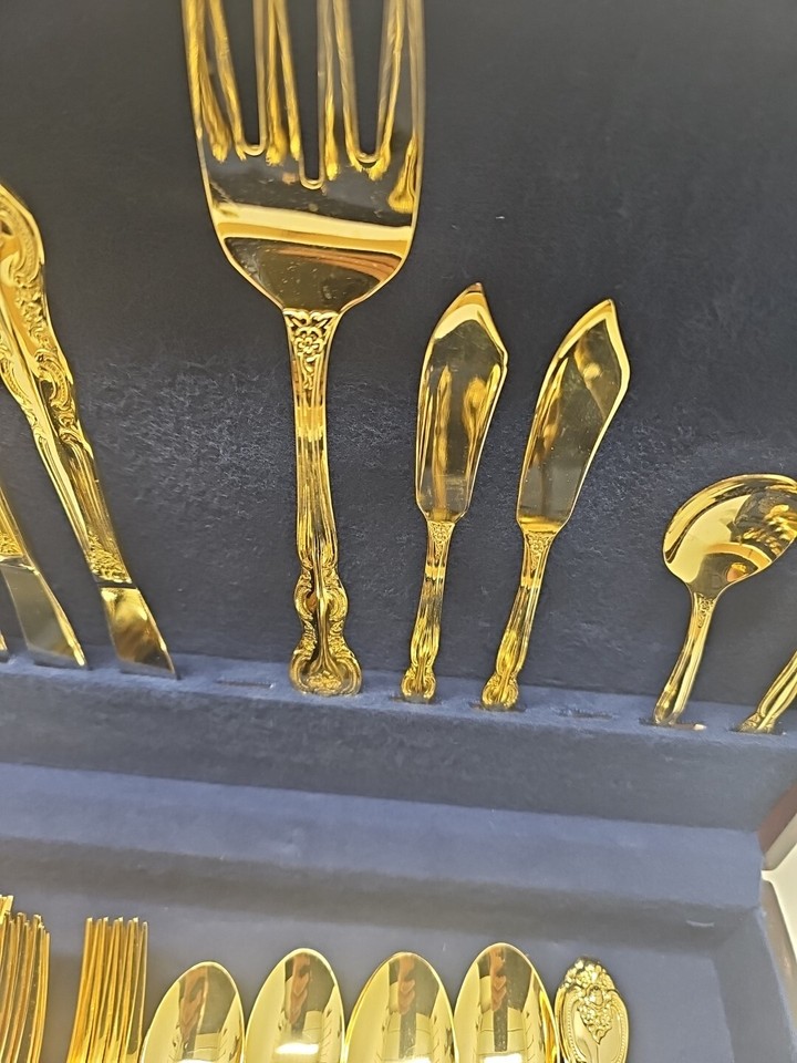 International China 63pc Set Gold Plated Flatware Silverware China In ...