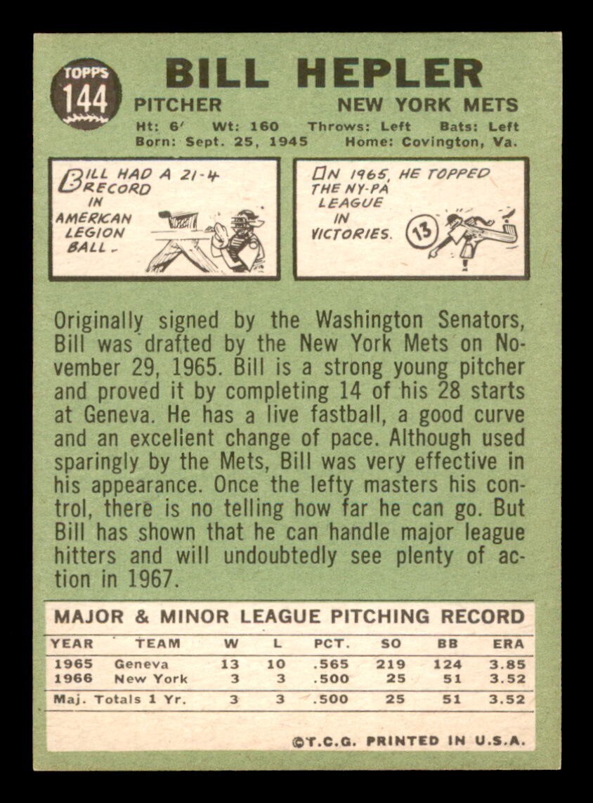 1967 Topps Baseball #144 Bill Hepler EX/MT *d5 | eBay