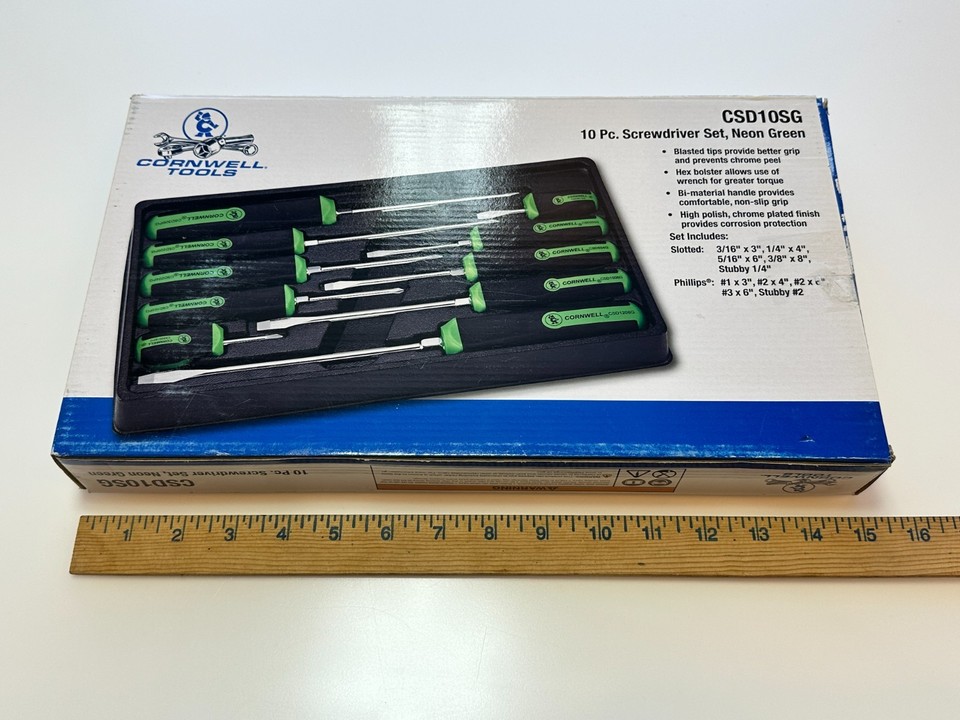 NEW Cornwell Tools CSD10SG 10pc NEON GREEN Square Grip Screwdriver Set ...