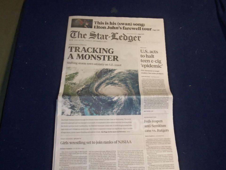 2018 SEPTEMBER 13 STAR LEDGER NEWSPAPER -HURRICANE FLORENCE MOVING TO ...