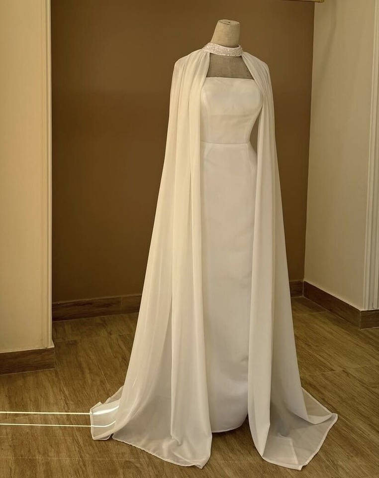 White Ivory Chiffon Wedding Cape Sequin Halter Women Elegant Bridal ...