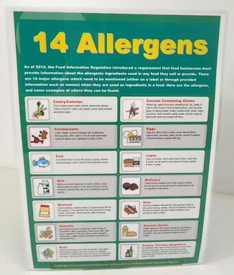 14 Food Allergens Sign Safer Food Better Business SFBB Poster Laminated ...
