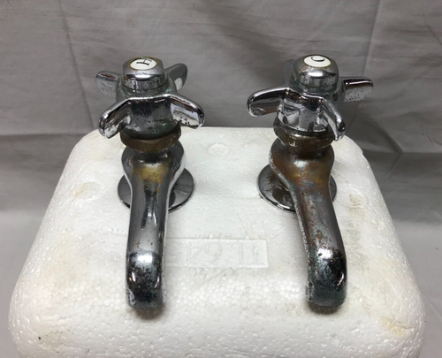 VTG Pair Chrome Brass Standard Spring Loaded Bathroom Sink Faucets Old ...